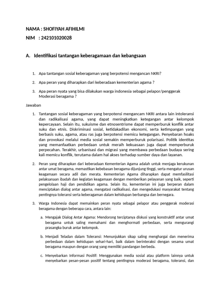 Moderasi Beragama SHOFIYAH AFIHILMI 242101040028 | PDF