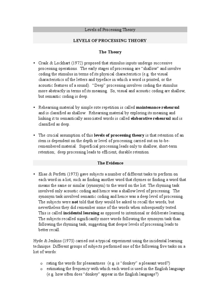 Levels of Processing Theory: A Framework for Understanding How Depth of Semantic Processing ...