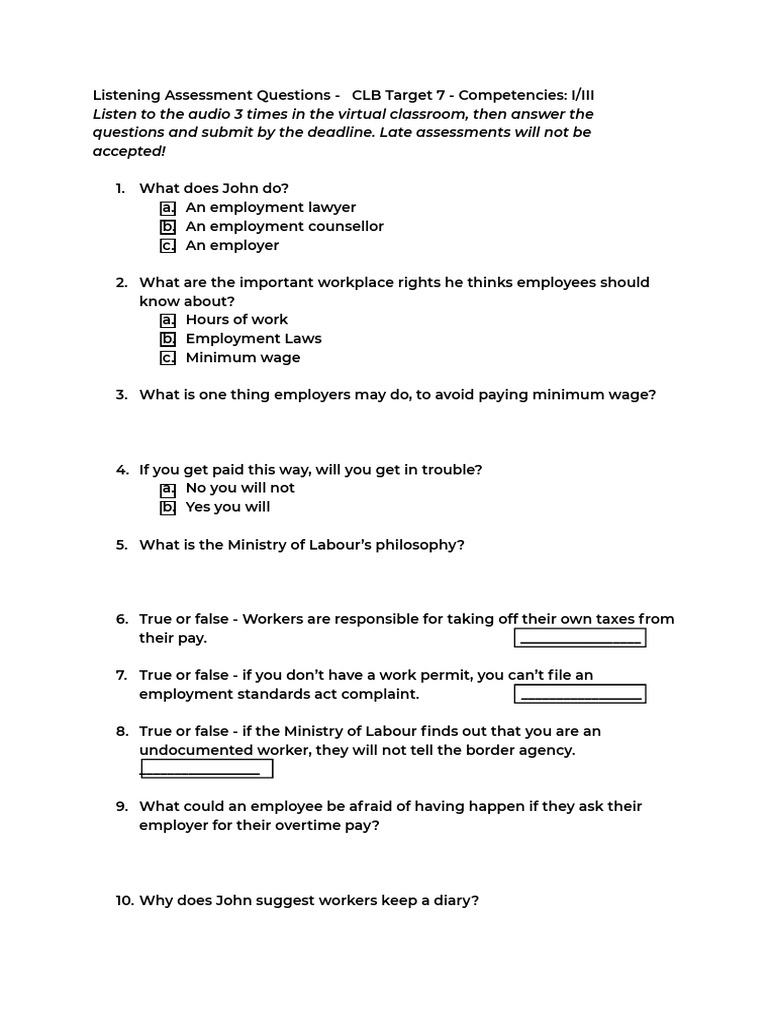 Listening Assessment Questions - CLB Target 7-Lynn | PDF | Employment ...