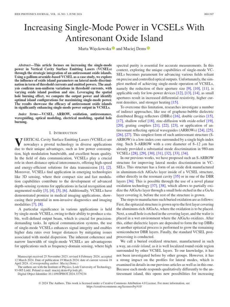 Więckowska and Dems - 2024 - Increasing Single-Mode Power in VCSELs ...