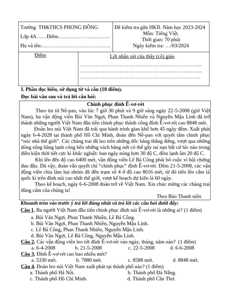 Tieng Viet 4 de KT Giua HK2 Tieng Viet | PDF