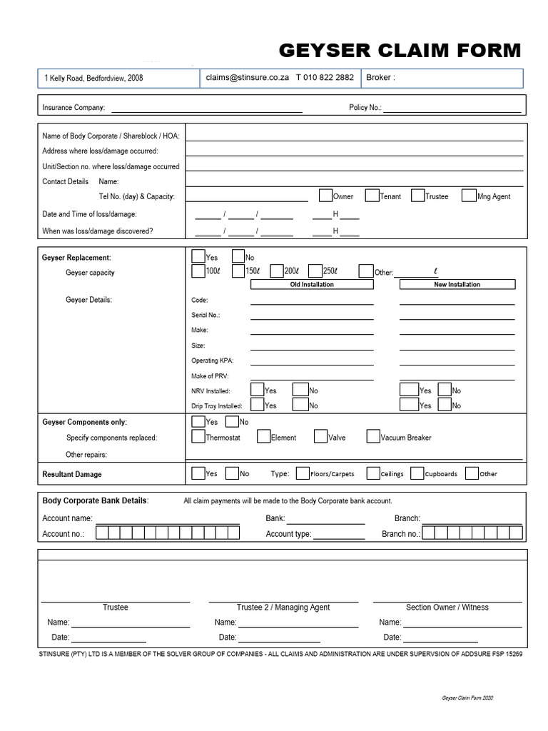 Managing Agent Geyser Claim Form | PDF | Business