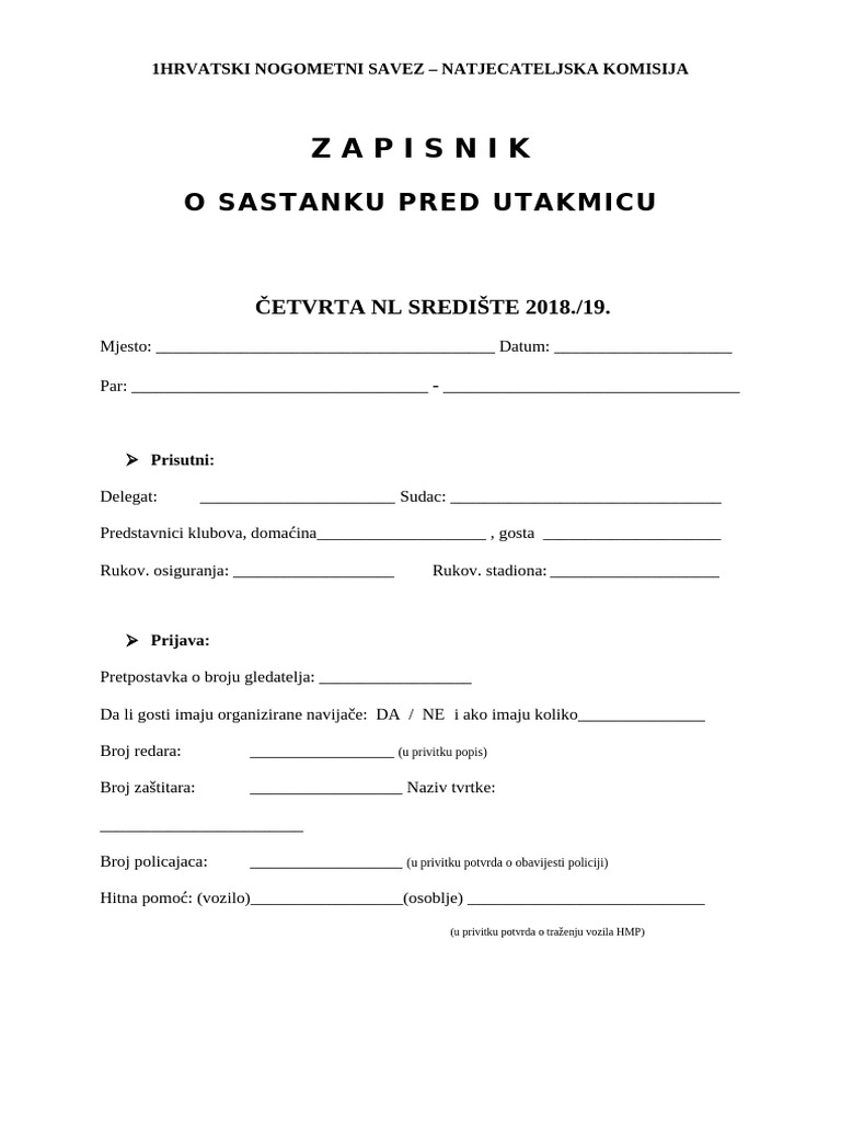 Obrazac Zapisnika o Sastanku Pred Utakmicu - Četvrta NL Središte 2018.-19. | PDF