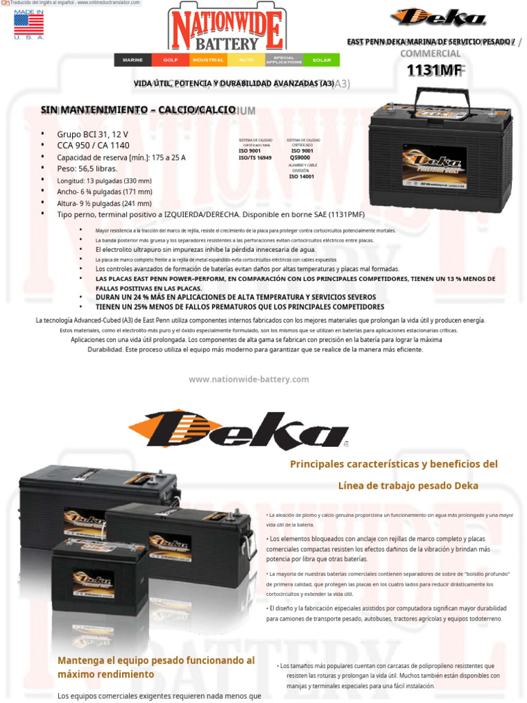 Batería Deka 1131MF: Potencia y Durabilidad | PDF | Calcio | Materiales