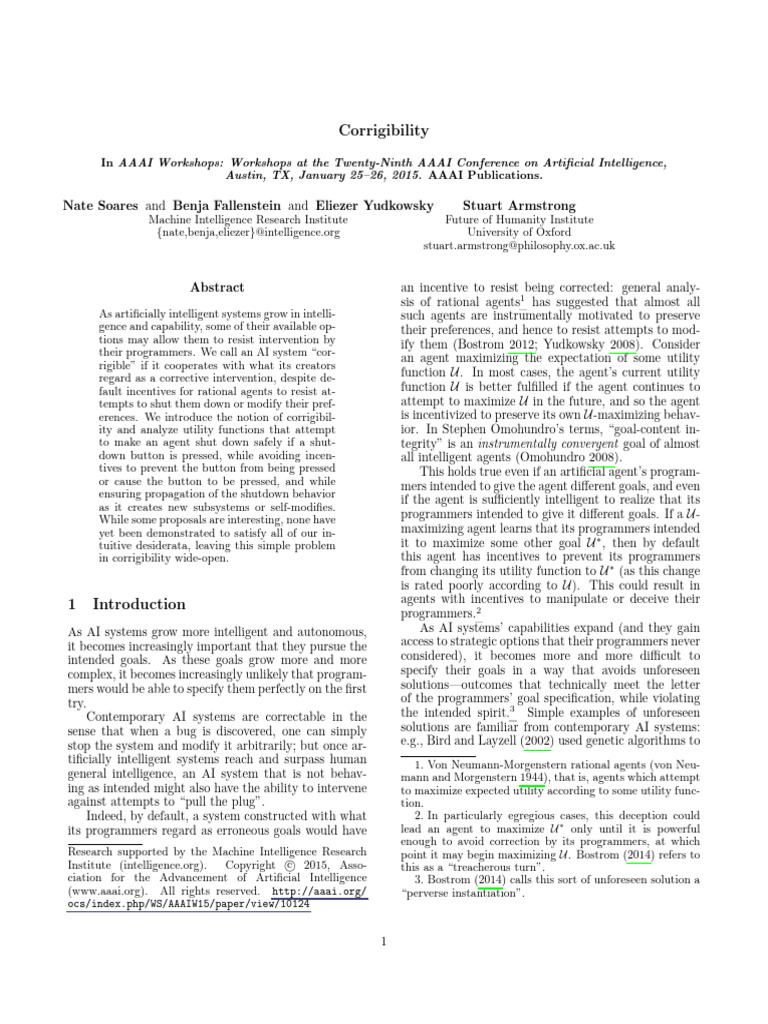 Corrigibility - Workshops at The 29th AAAI AI Conference Jan 2015 | PDF | Utility | Artificial ...