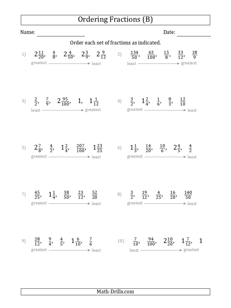 Fractions Worksheet - Ordering Sets of 5 Positive Fractions With ...
