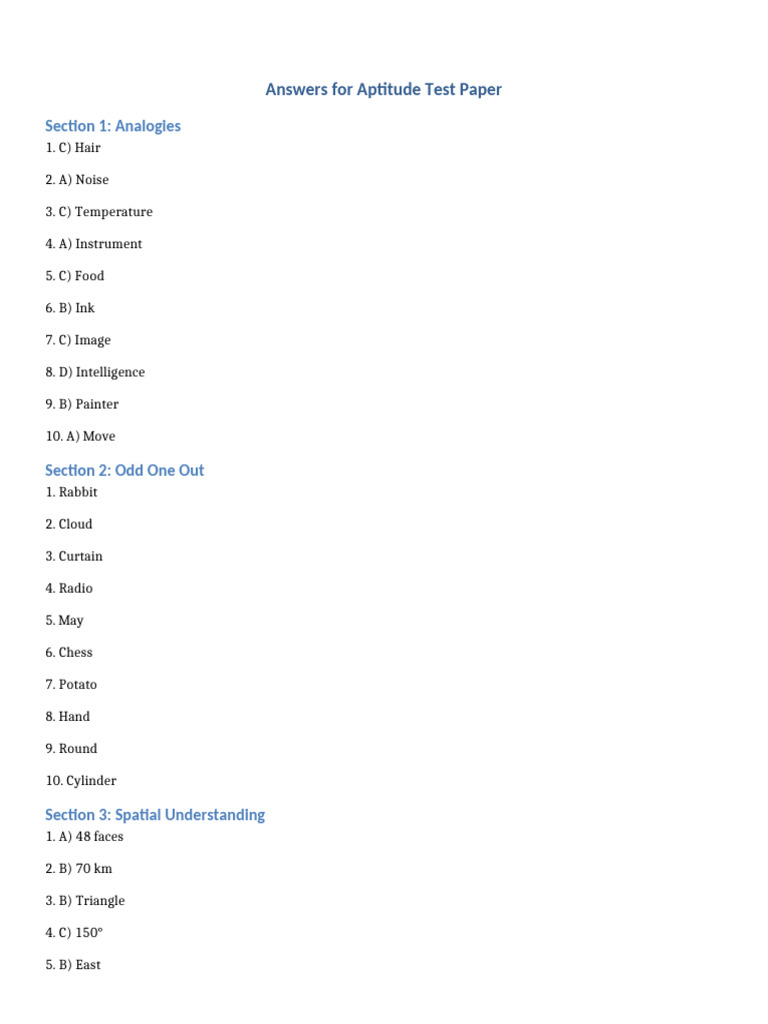Aptitude Test Answer Key | PDF