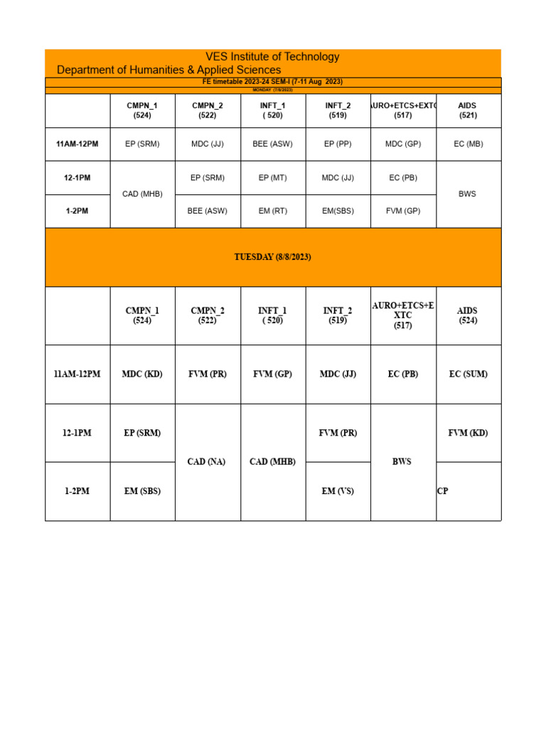 Shared Copy 2023-24 Sem1 Timetable | PDF | Engineering