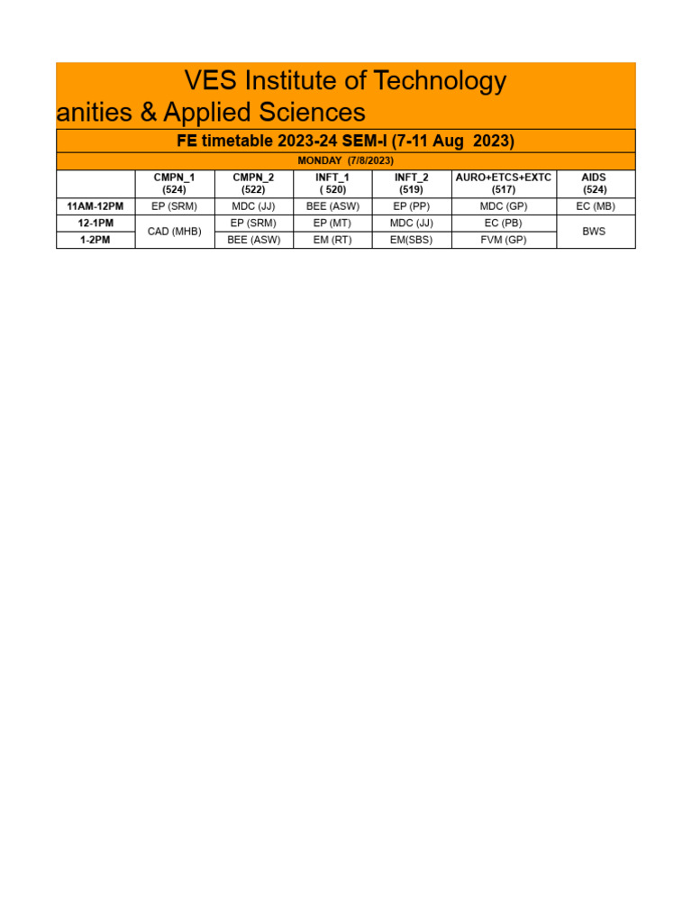 Shared Copy 2023-24 Sem1 Timetable (1) | PDF