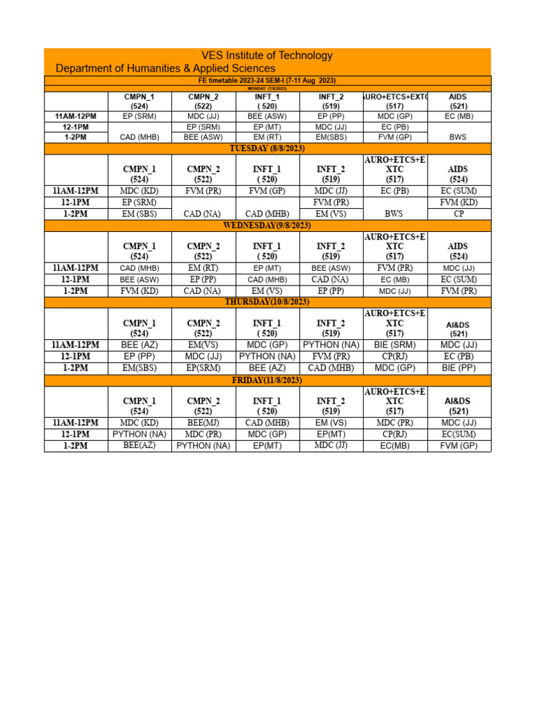 Shared Copy 2023-24 Sem1 Timetable | PDF