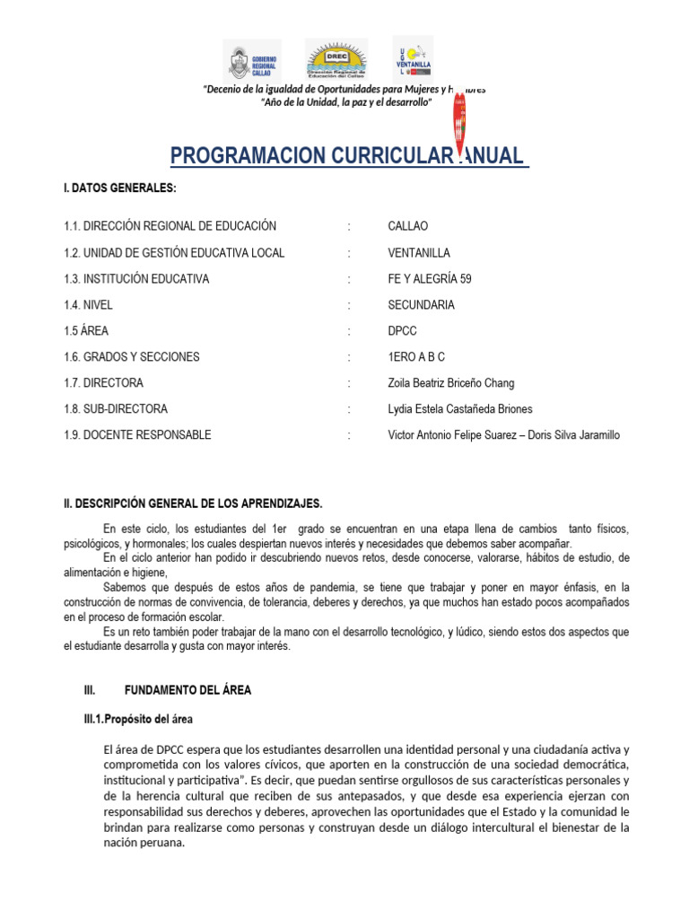 1ro DPCC - Programacion Curricular Anual | PDF | Moralidad | Igualdad de género