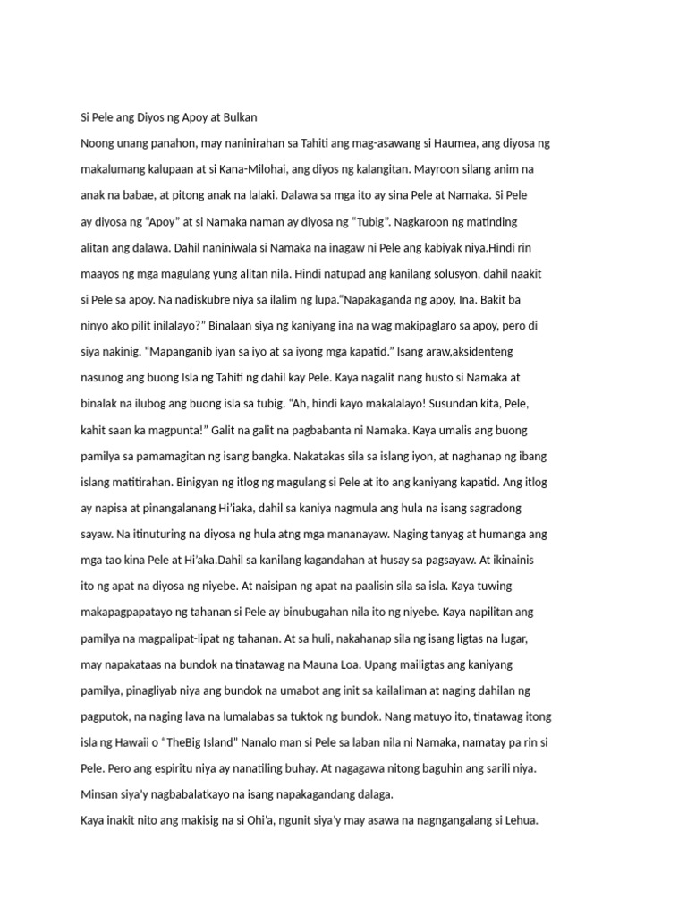 Si Pele Ang Diyos NG Apoy at Bulkan Buod | PDF