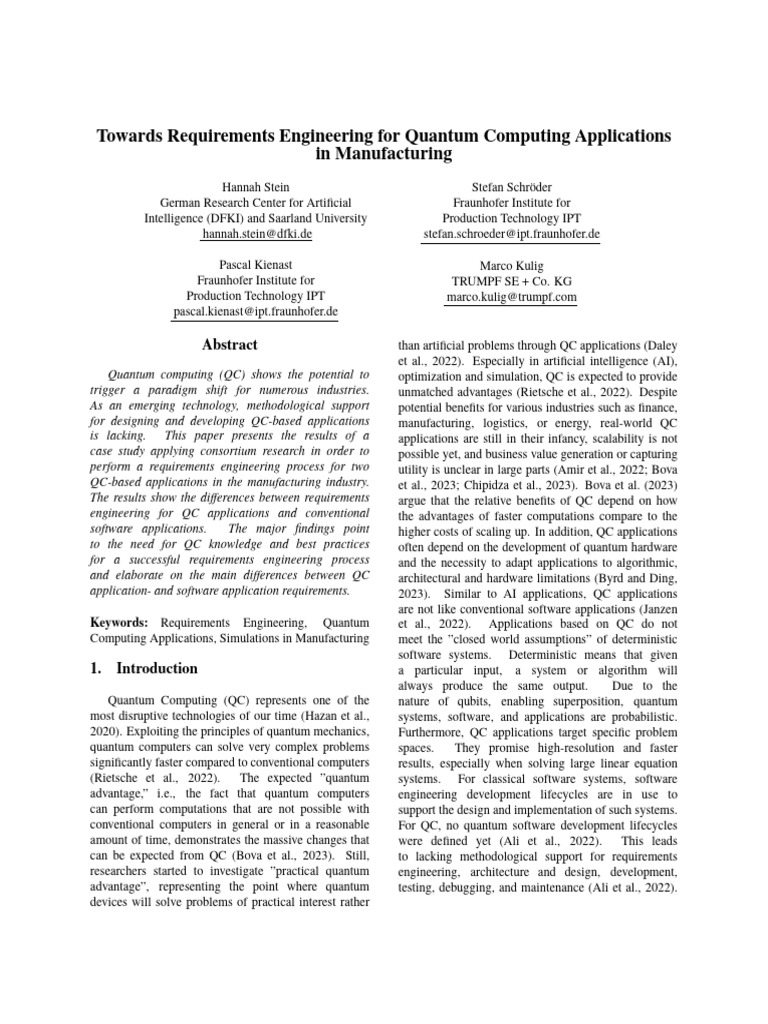 Towards Requirements Engineering for Quantum Computing Applications in Manufacturing | PDF ...