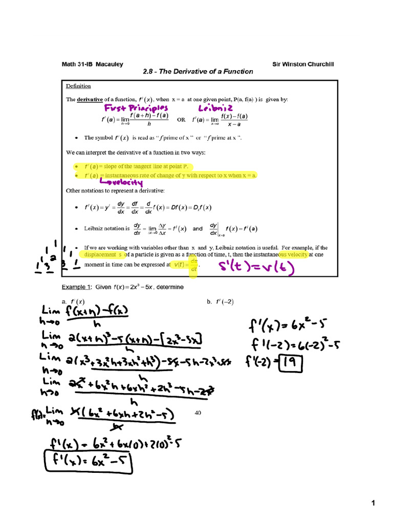 2 8 The Derivative Of A Function Pdf
