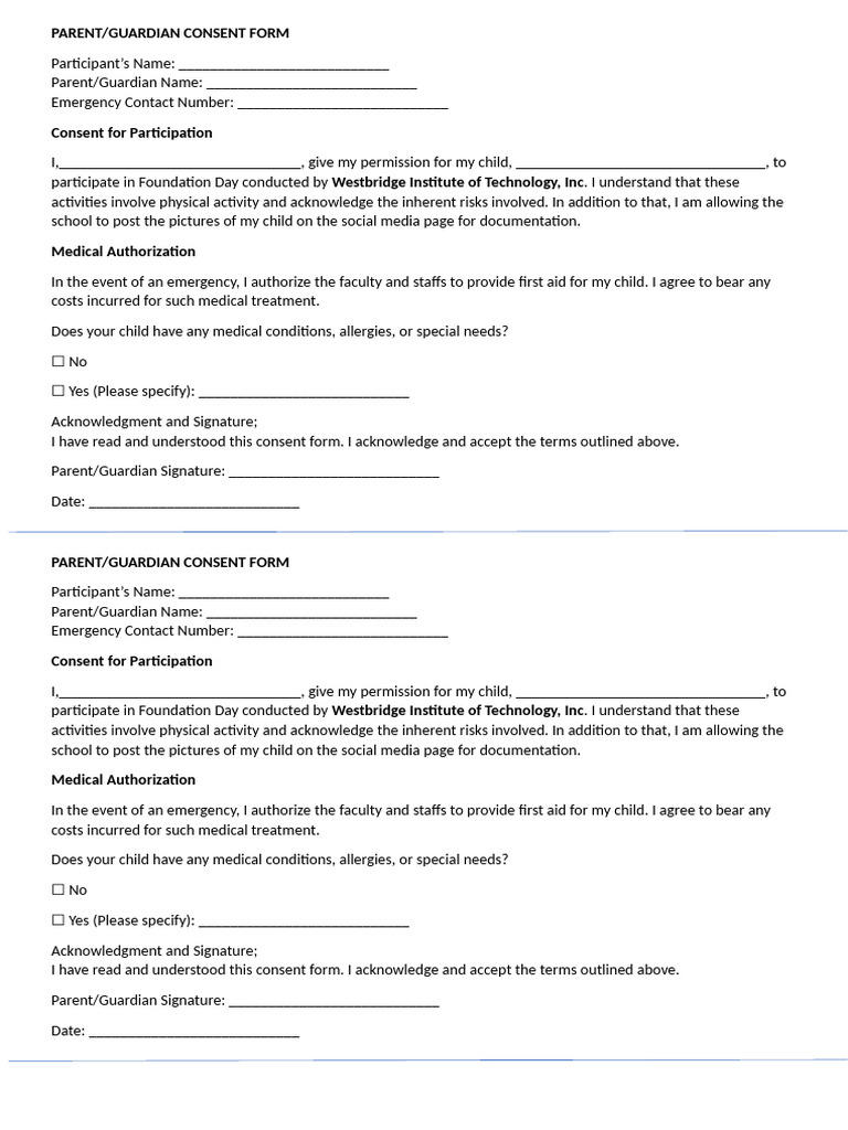 Parent Consent Form for Foundation Day | PDF