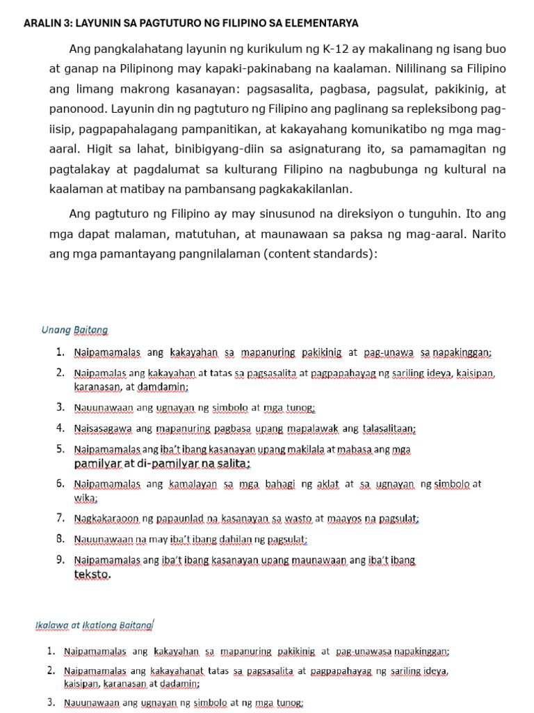 Aralin 3 Layunin Sa Pagtuturo NG Filipino Sa Elementarya | PDF