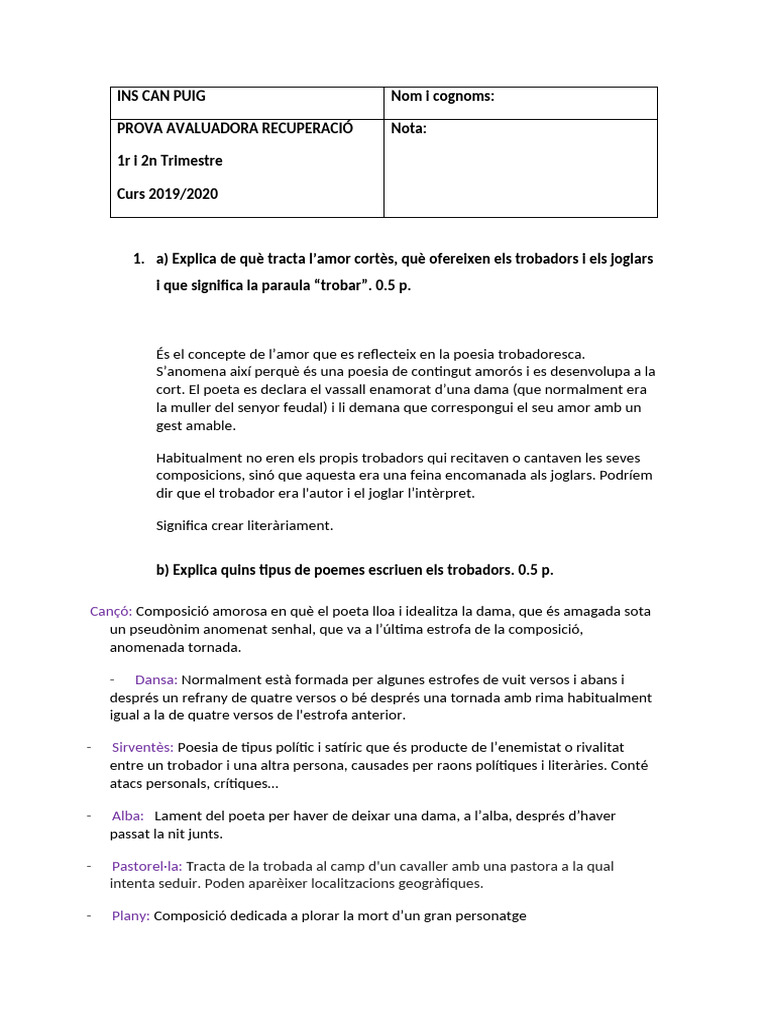 Prova Setembre Amb Solucions. 1r de Batx. | PDF