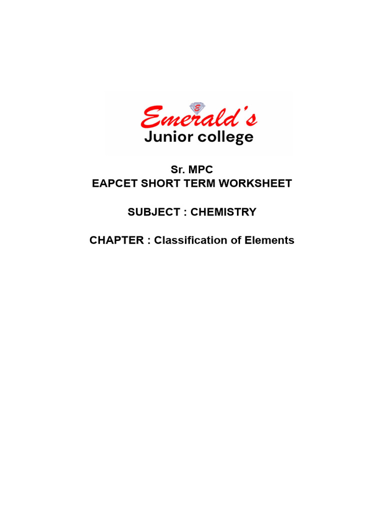 Classification of Elements Chem. Short Term Worksheet | PDF | Periodic ...