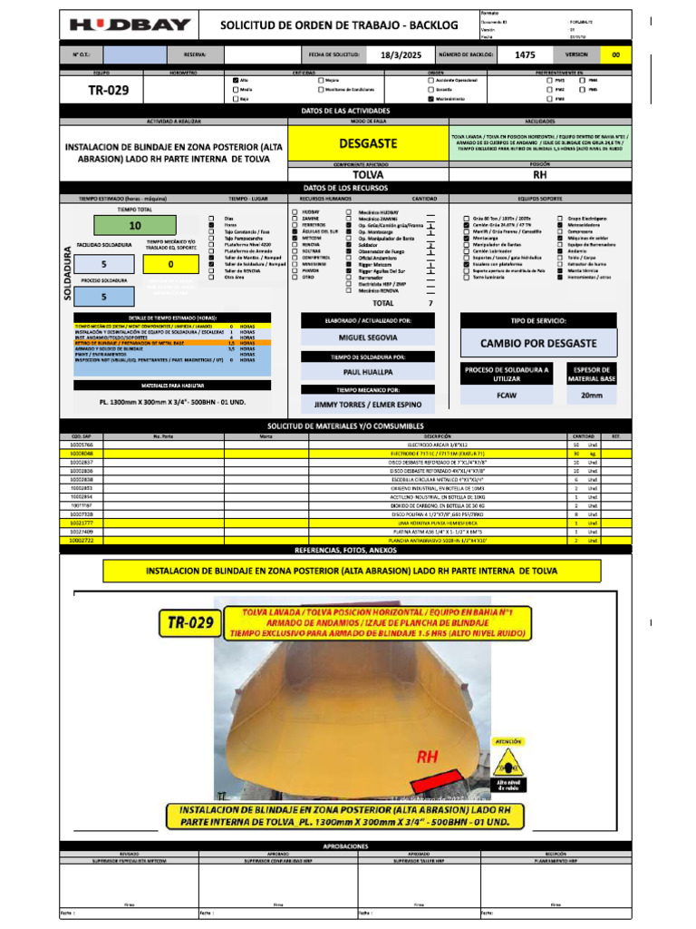 1475 - PHL -INSTALACION DE BLINDAJE EN ZONA POSTERIOR (ALTA ABRASION) LADO RH PARTE INTERNA DE ...