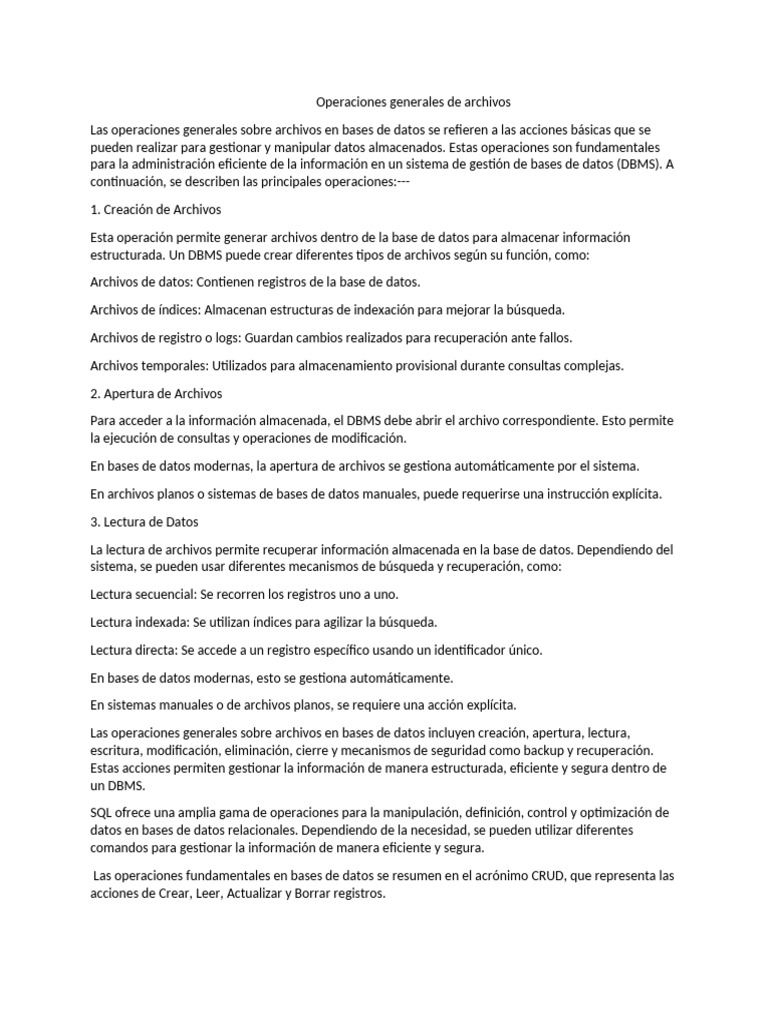 Operaciones Generales de Archivos | PDF | SQL | Bases de datos
