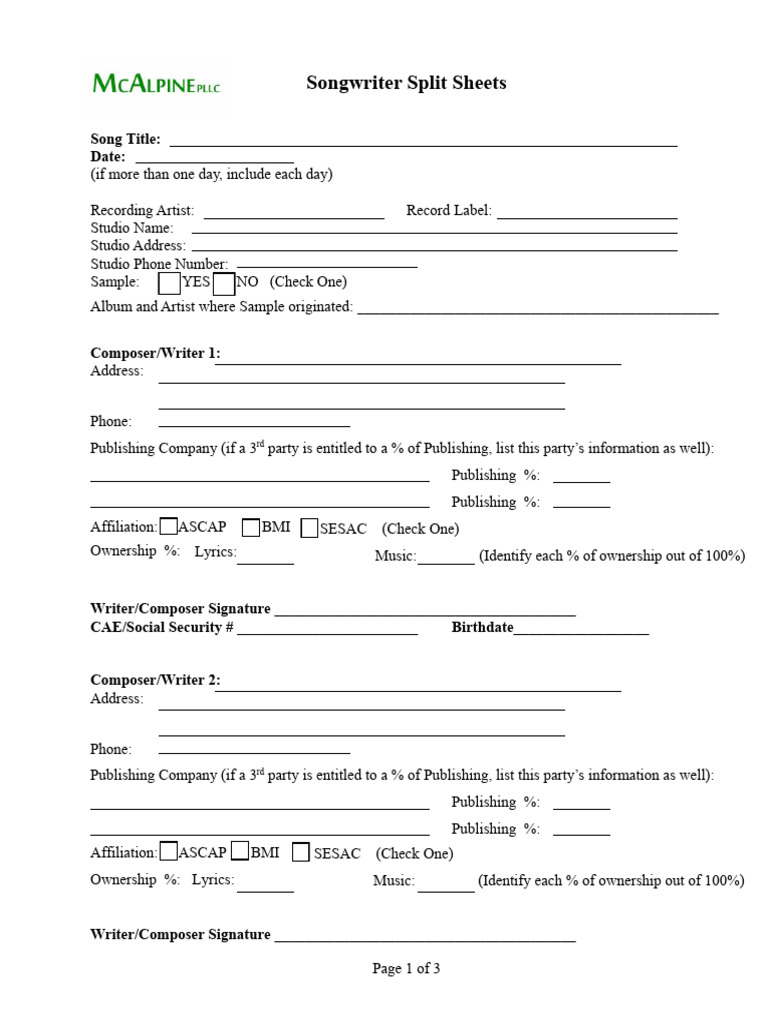 Split Sheet (Fillable) (2024) | PDF | Music Industry