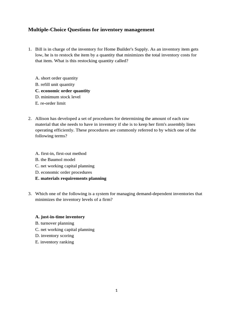 Inventory Management MCQs | PDF | Inventory | Business