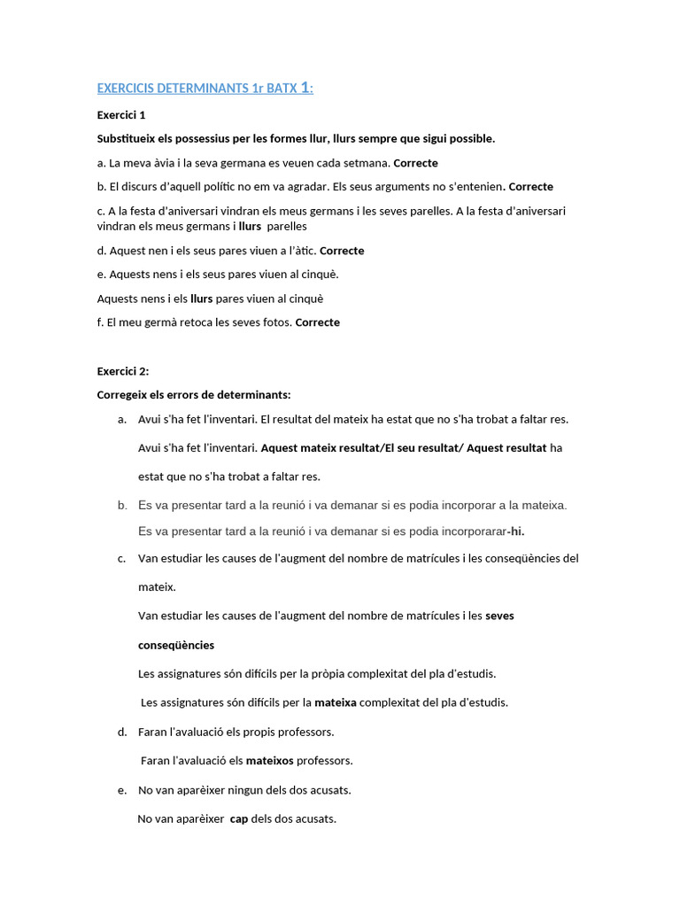 EXERCICIS DETERMINANTS 1r BATX 1 | PDF