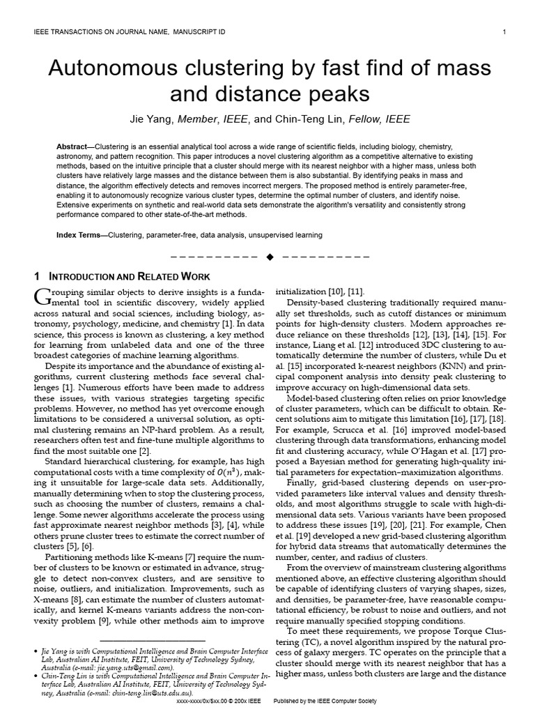 澳大利亚悉尼科技大学利用质量与距离峰值快速自主聚类，开发出Torque Clustering算法，实现无参数化高效聚类 | PDF | Cluster Analysis | Applied ...