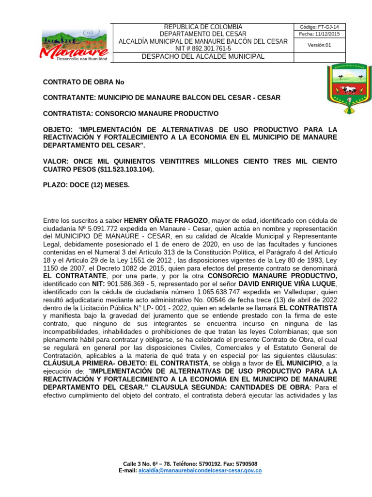 Contrato de Obra en Manaure, Cesar | PDF | Multa (pena) | Pagos