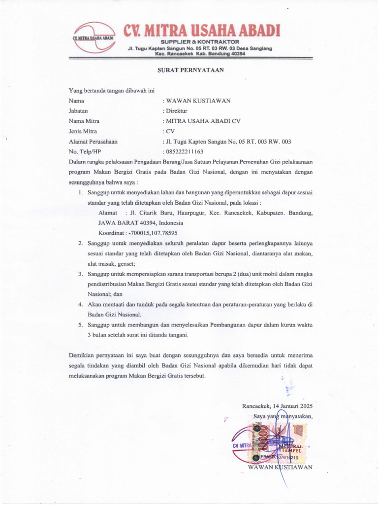 Surat - Pernyataan - BGN TTD | PDF