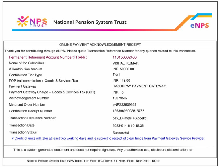 NPS Payment Receipt | PDF