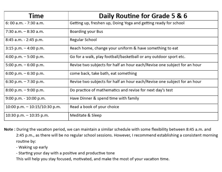 Daily Routine for Grade 5 Students | PDF