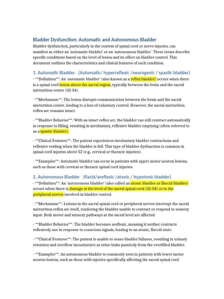 Bladder Dysfunction Automatic and Autonomous | PDF | Urination ...