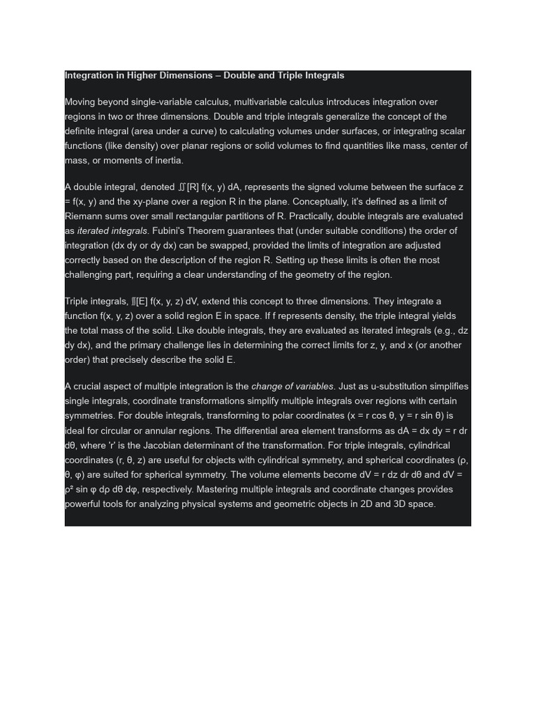 Integration in Higher Dimensions – Double and Triple Integrals | PDF