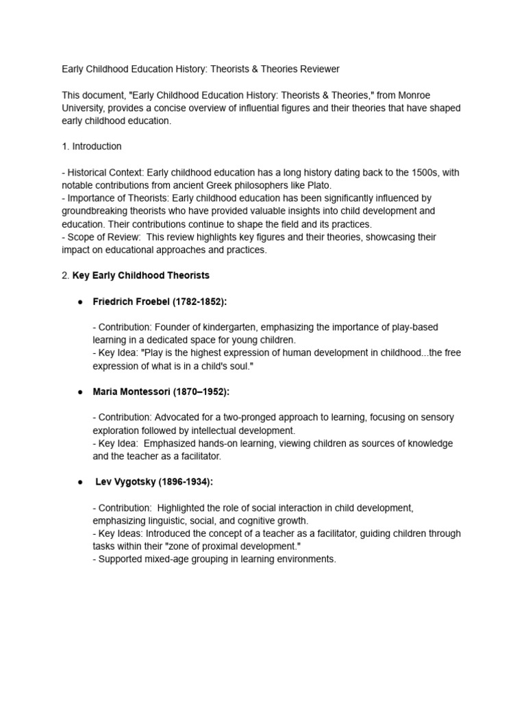 Early Childhood Education History Theorists Theories Reviewer | PDF ...