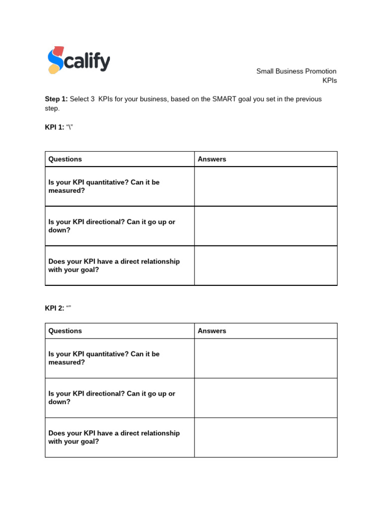 Key Performance Indicators (KPIs) - Scalify Worksheet | PDF