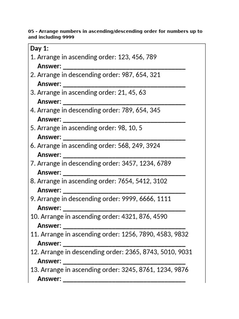 Ascending and Descending Order Practice | PDF