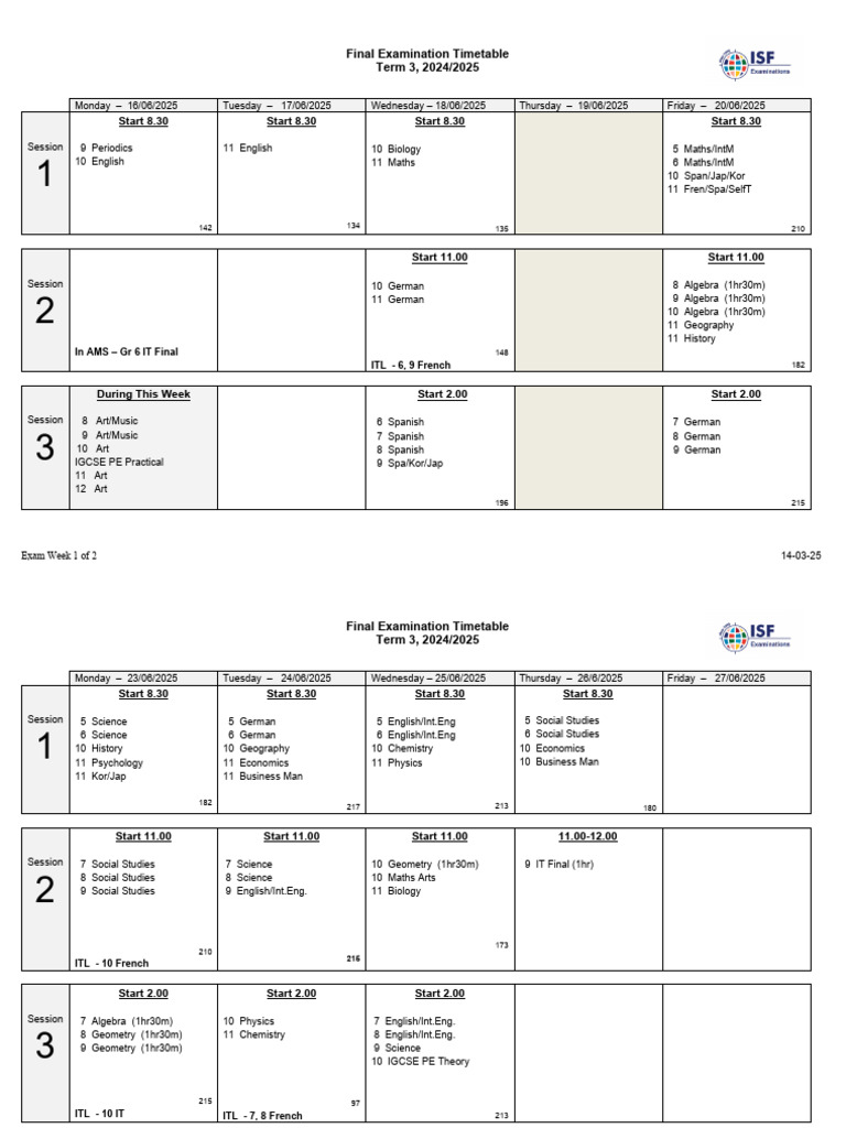 Final Examination Timetable t3 2425 | PDF | Mathematics | Science