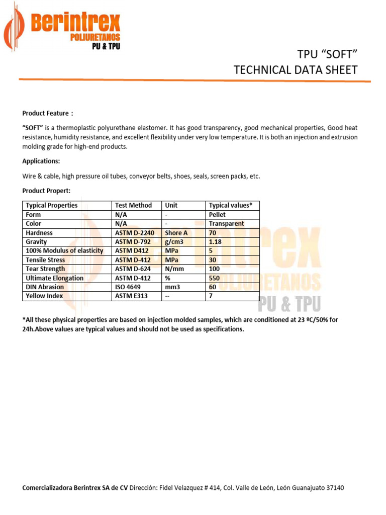 TPU Soft Technical Data Sheet | PDF | Materials Science | Secondary ...