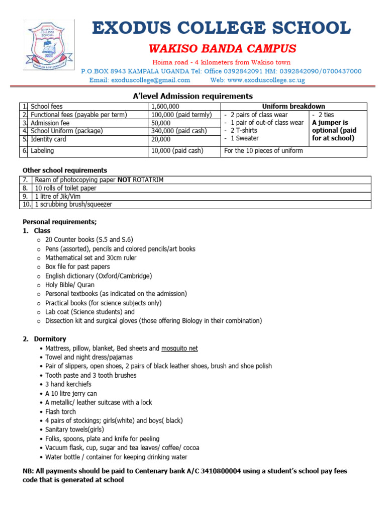Exodus College School Admission Fees | PDF