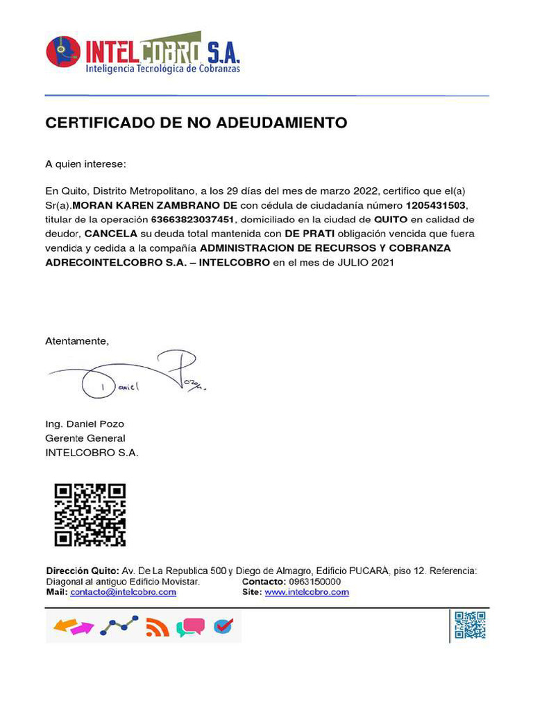 Intelcobro Carta de No Adeudar | PDF