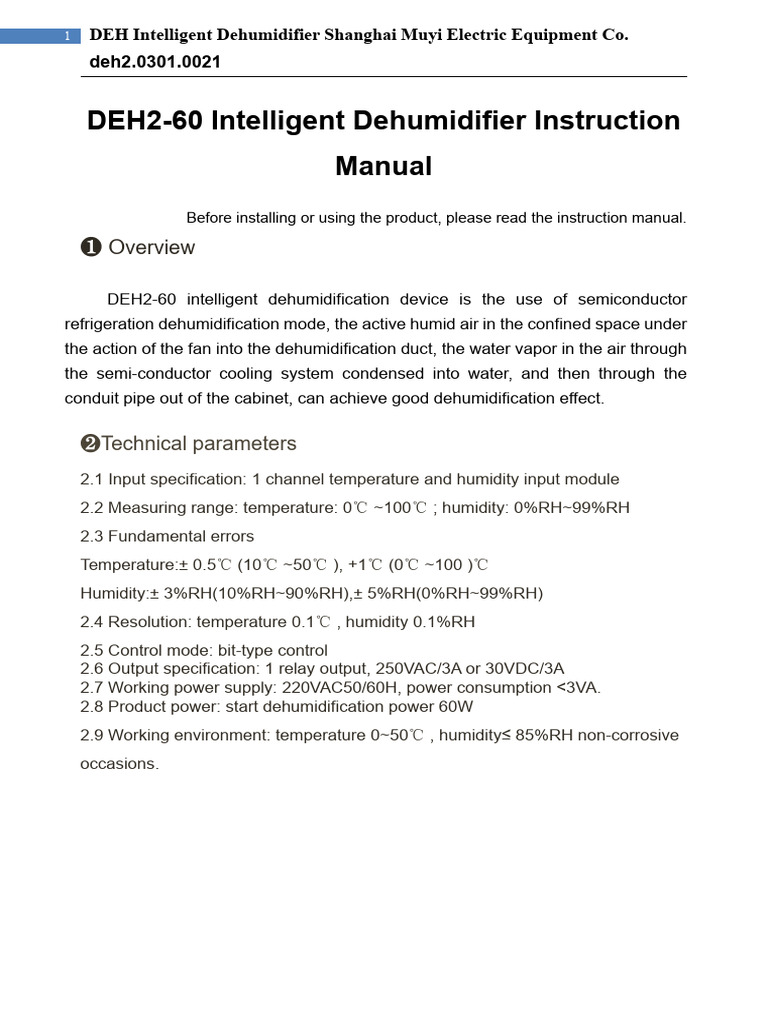 DEH2-60 Intelligent Dehumidifier Manual | PDF | Humidity | Heat Transfer