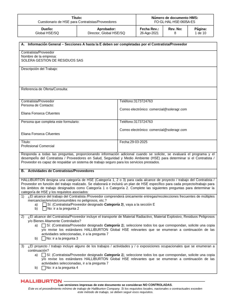 Halliburton HSE Questionnaire Form | PDF | Administración de Seguridad ...
