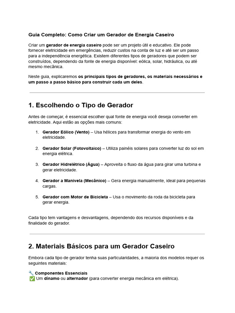 Guia Completo - Como Criar Um Gerador de Energia Caseiro | PDF ...