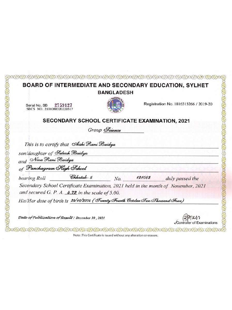 SSC Certificate | PDF