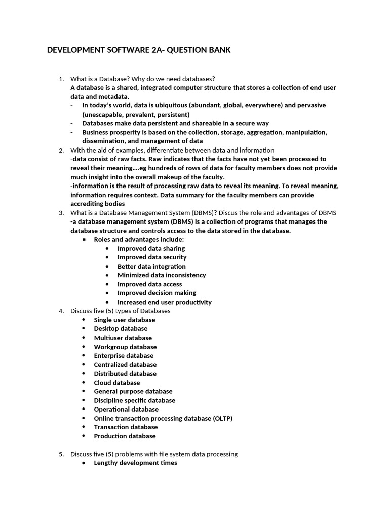Question Bank Development Software 2 A | PDF | Databases | Data Model