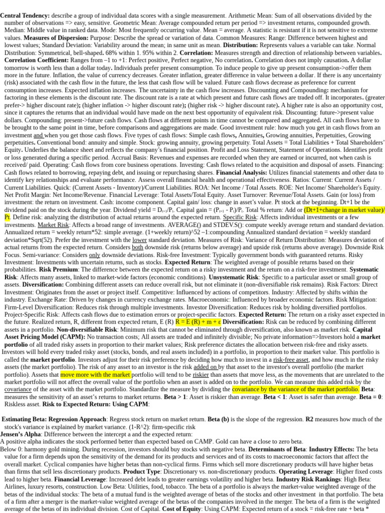 Finance Cheat Sheet Pdf Financial Risk Diversification Finance