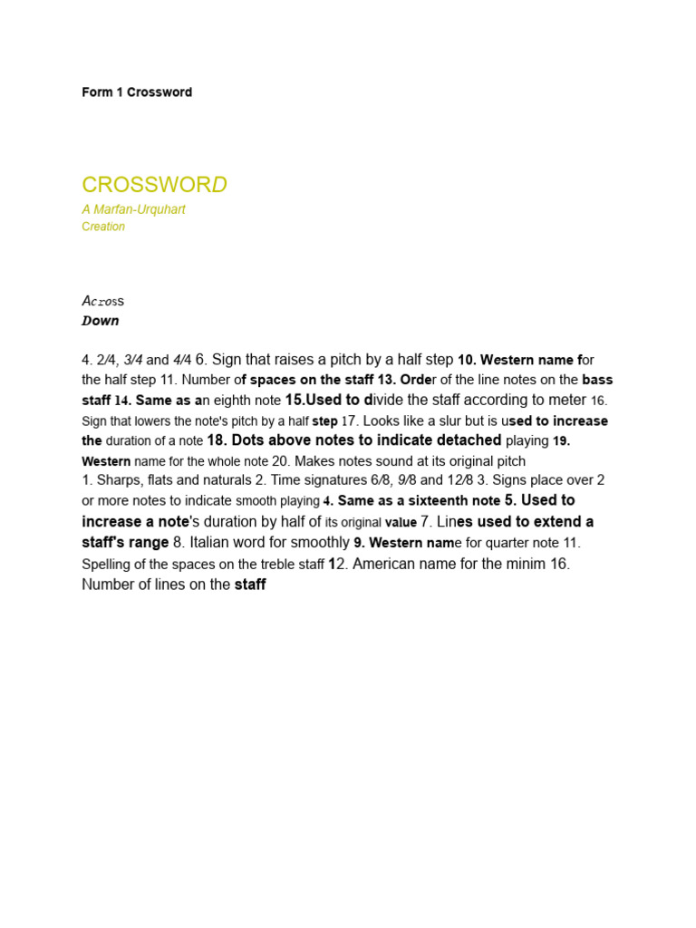 Music Theory Crossword Puzzle | PDF
