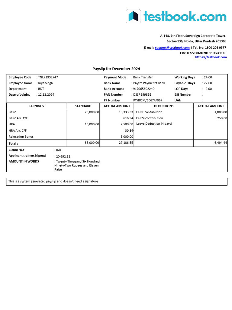 Salary Slip Riya | PDF | Financial Markets | Foreign Exchange Market