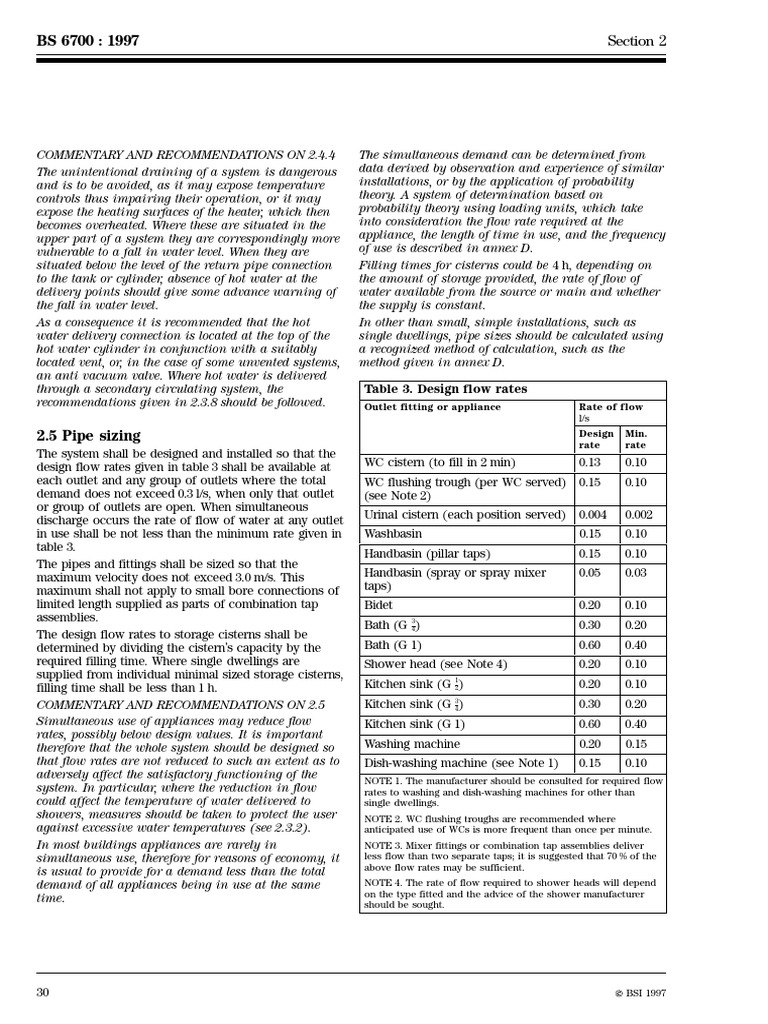 BS 6700 1997 Pipe Sizing | PDF | Water Heating | Tap (Valve)